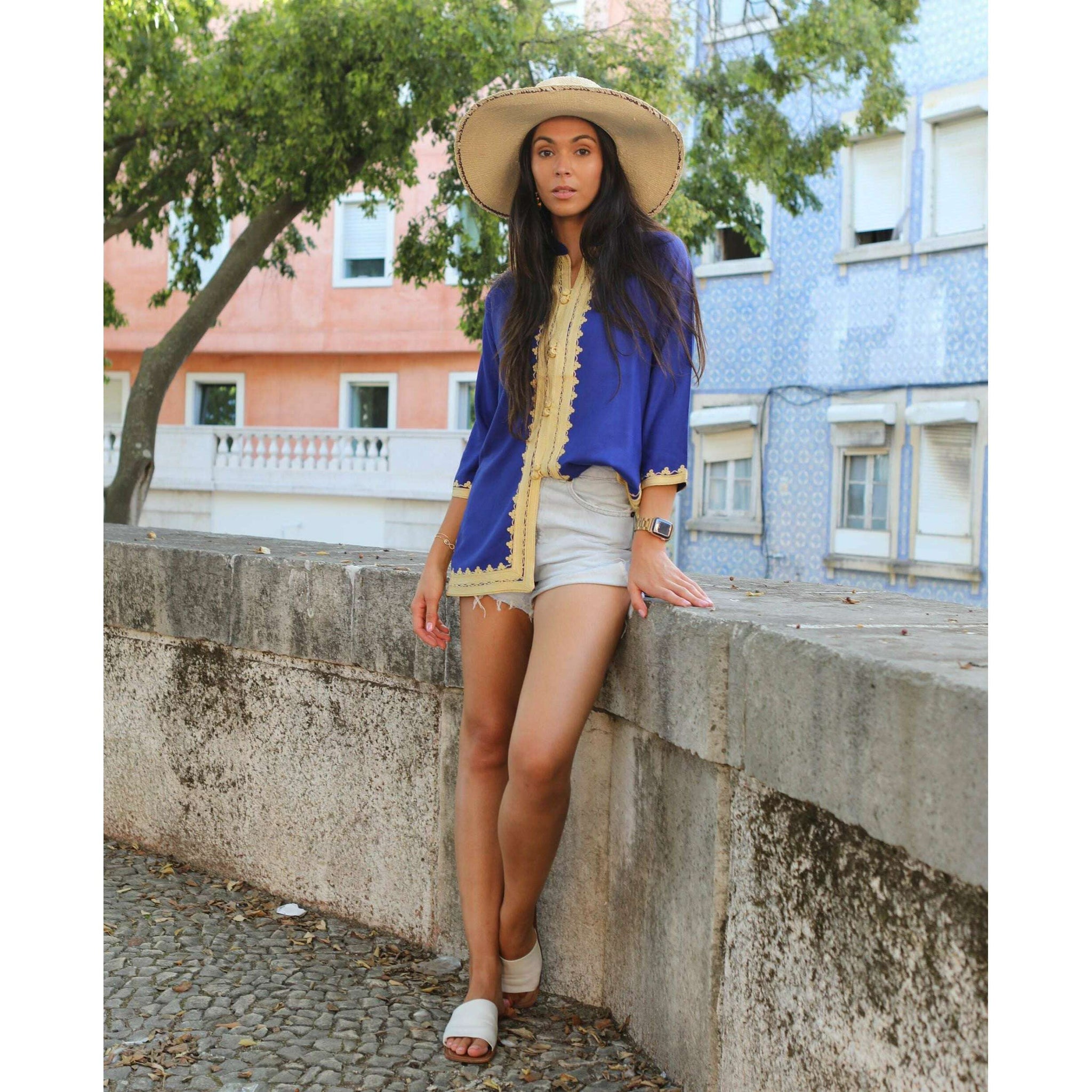 Marrakech Blue Gold Embroidery Tunic-Moroccan Tunic | Maison De Marrakech