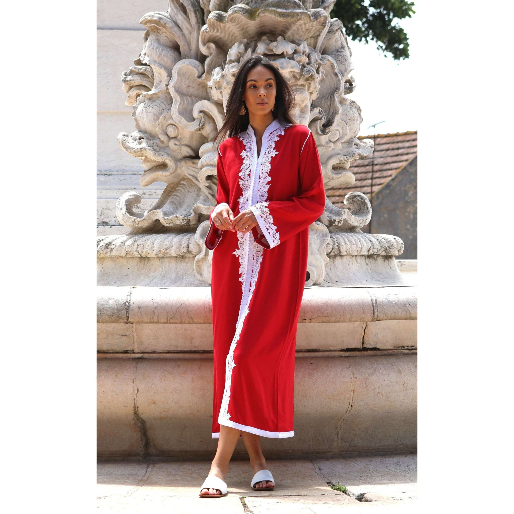 Red & White Karima Kaftan Caftan-Moroccan Kaftan | Maison De Marrakech