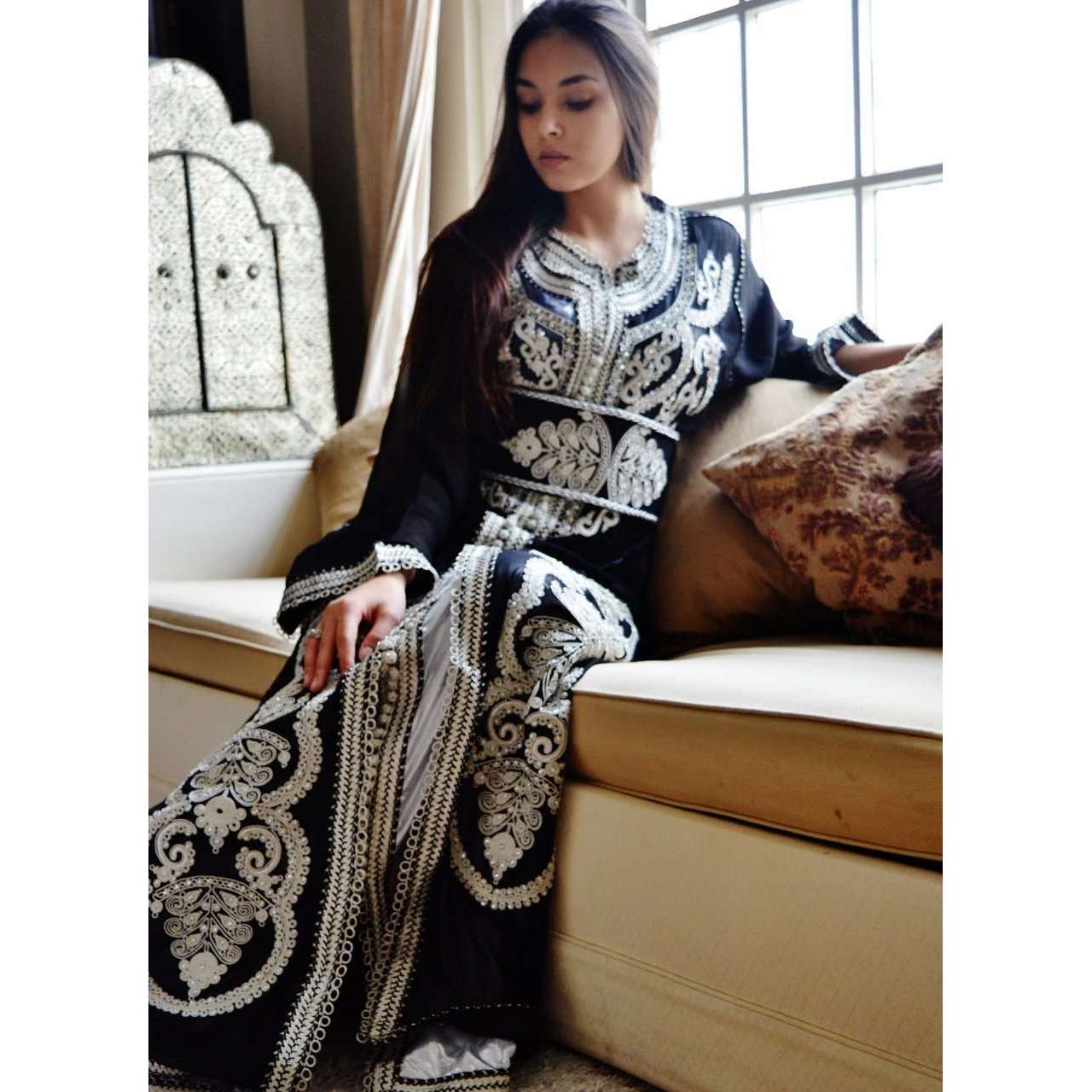 Black with White Moroccan Takchita Party Kaftan-Kalia Style | Maison De ...