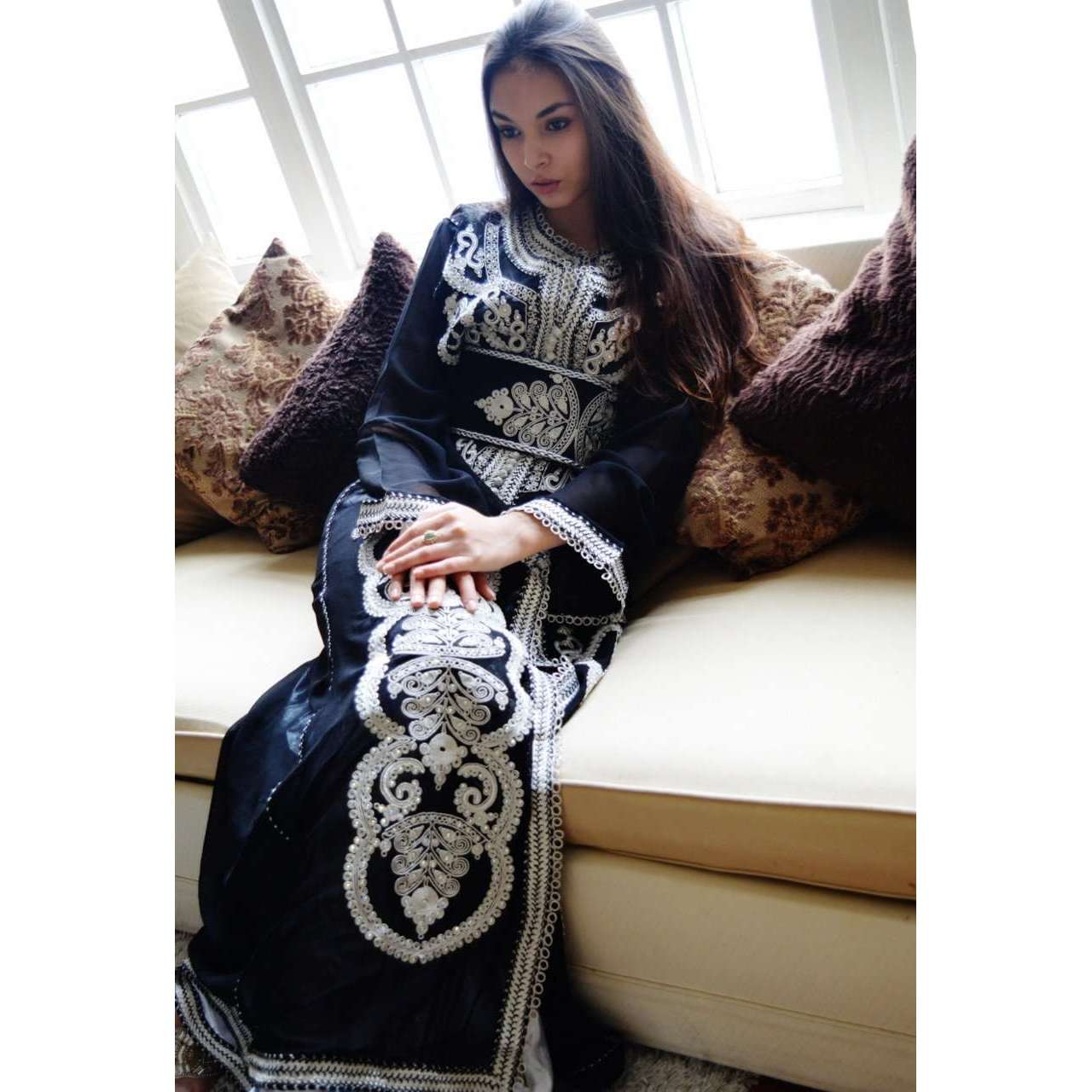 Black with White Moroccan Takchita Party Kaftan-Kalia Style | Maison De ...