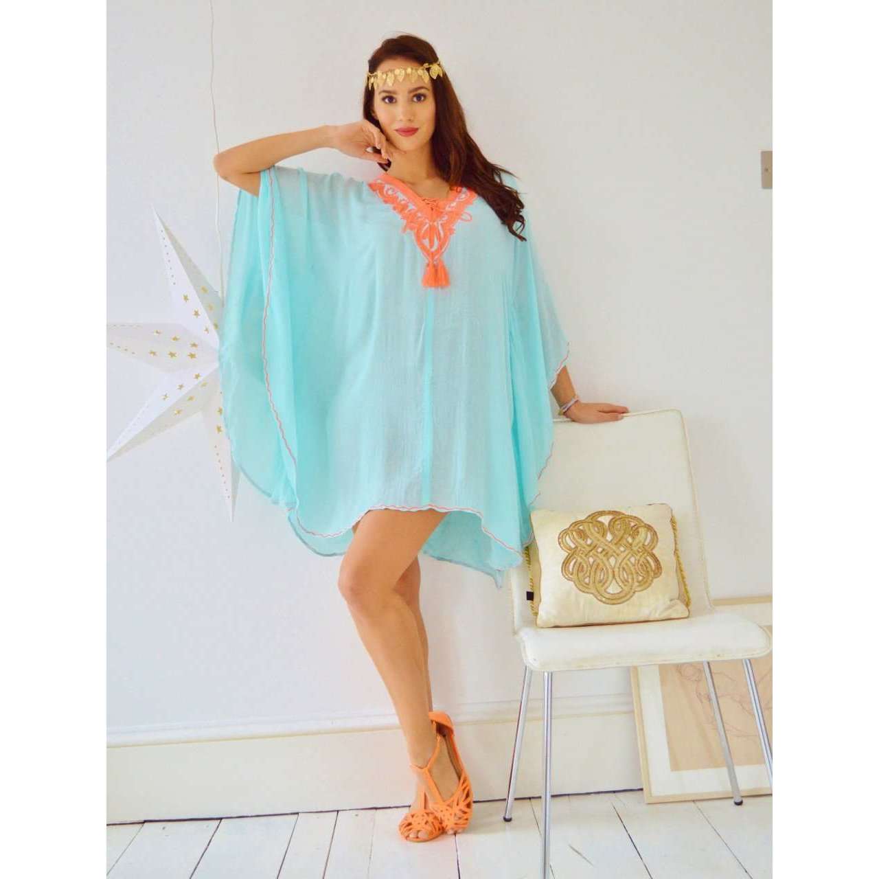 Turquoise with Neon Orange Embroidery Resort Tunic Cover up-holiday ...